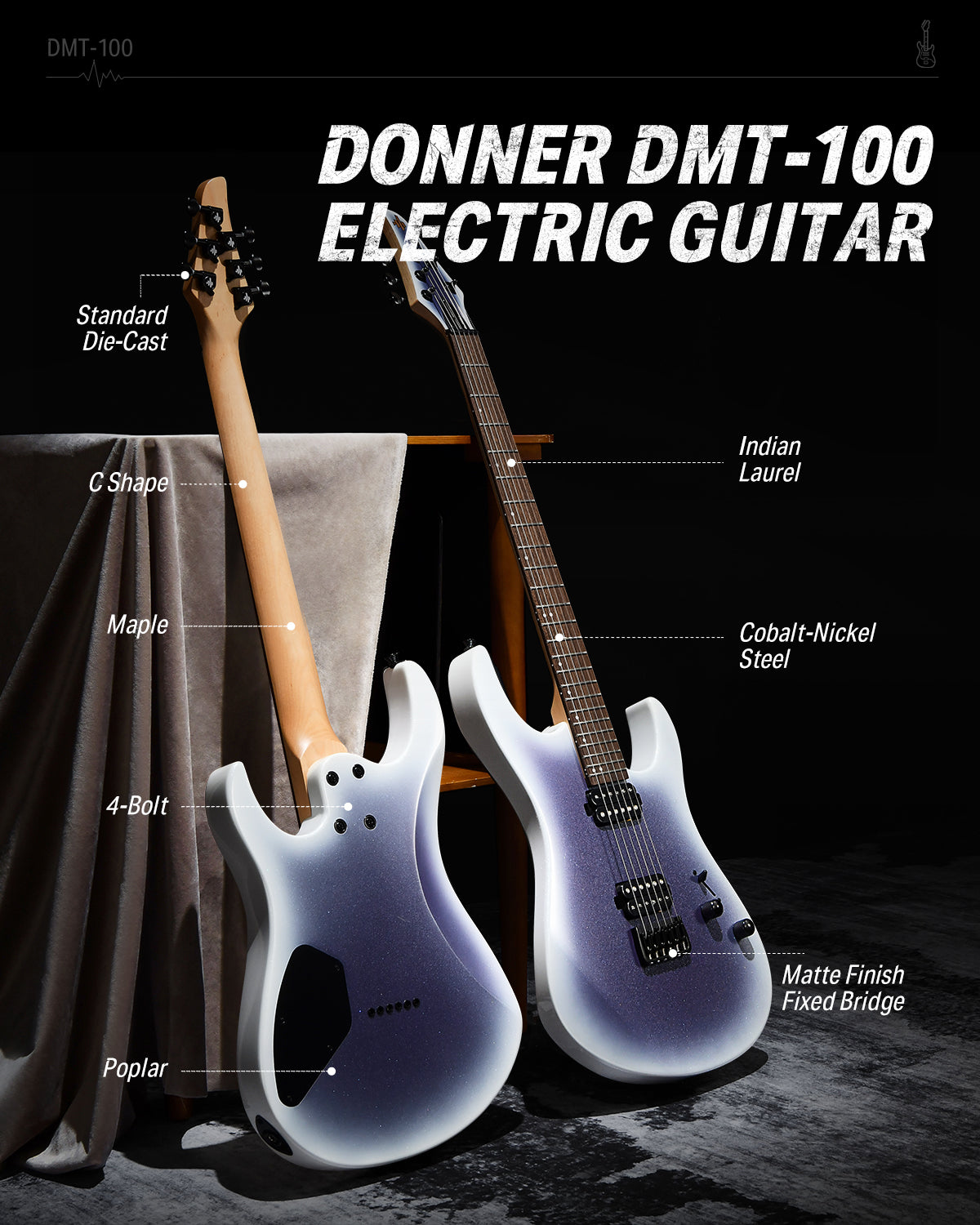 Donner DMT-100 39 Inch Solid Body Metal Rock Electric Guitar Beginner ...