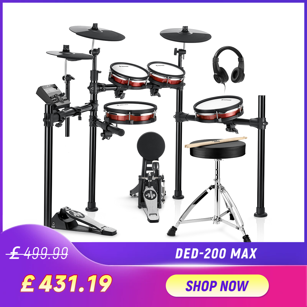 Donner DED-200 MAX Electronic Drum Set 5-Drum 3-Cymbal with Drum Throne ...