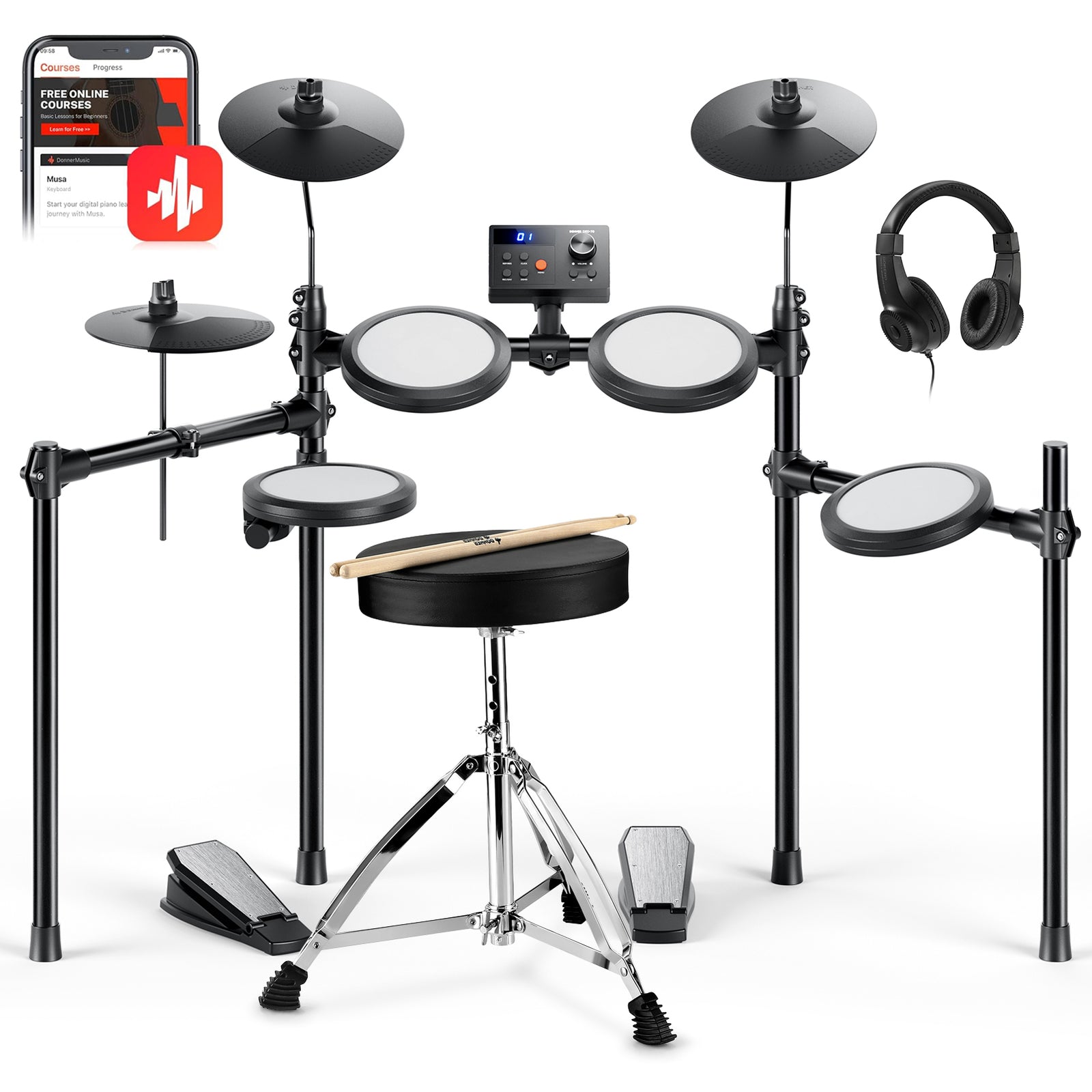 DED-70 Electric Drum Kit for Beginners with Mesh Pads and 150 Sounds ...